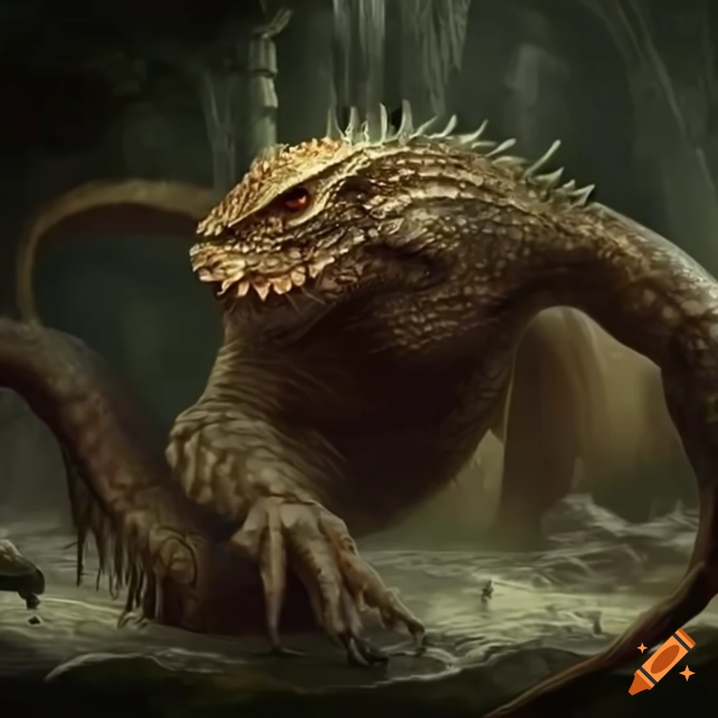Fantasy illustration of a large lizard monster on Craiyon