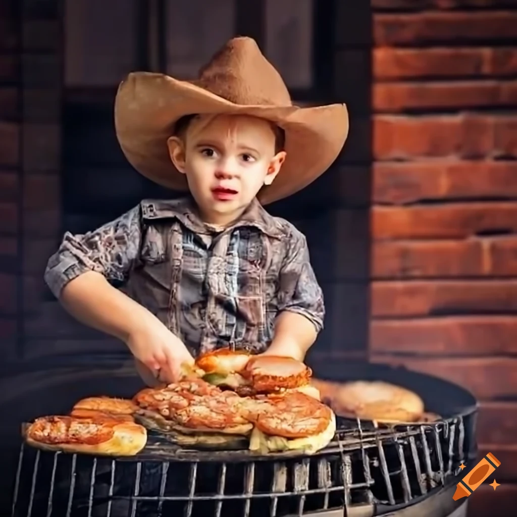 Young cowboy grilling delicious burgers on bbq pit in western-style ...