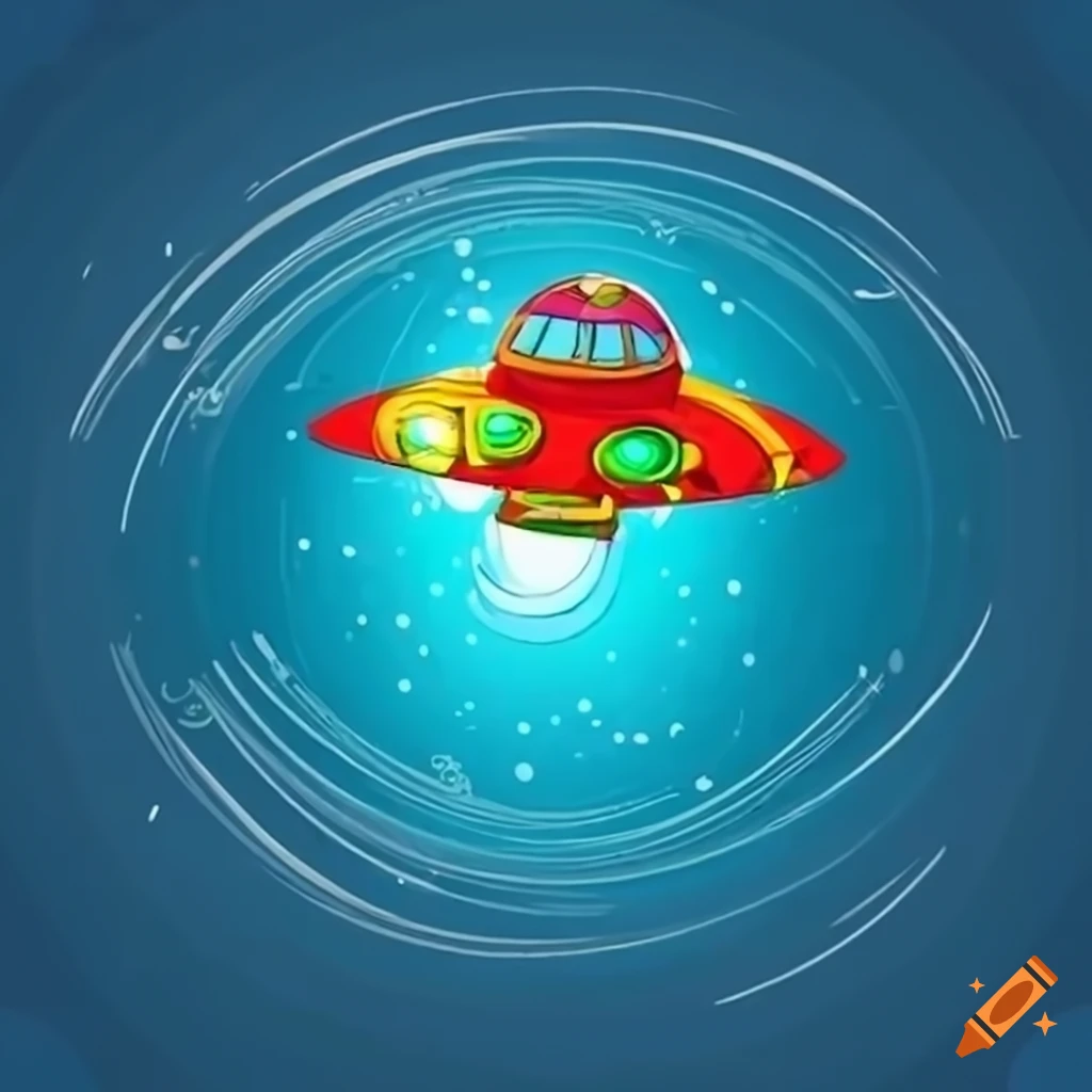 Colorful cartoon spaceship sailing through sound wave ocean on Craiyon