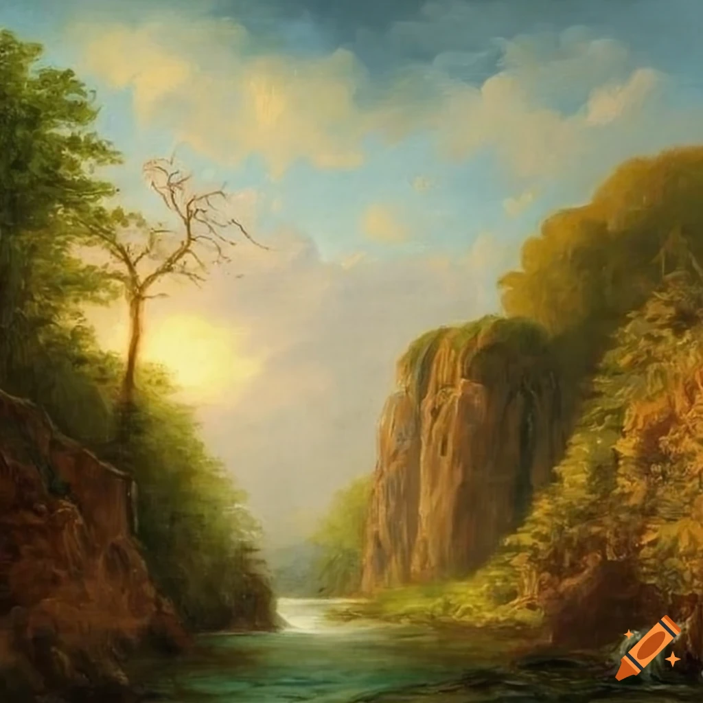 Thomas Cole painting of a majestic sky, verdant valley with river and ...