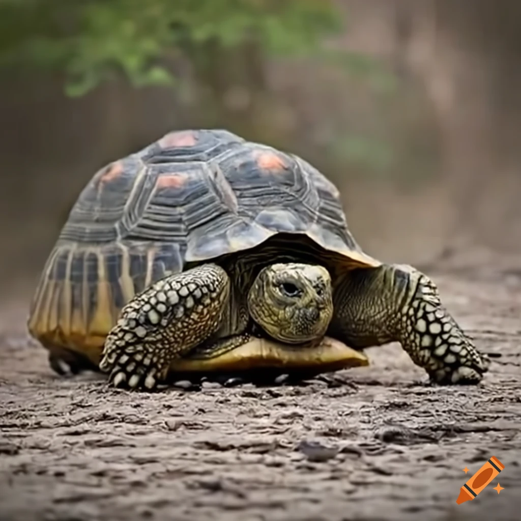 Tortoise walking slowly with a person nearby on Craiyon