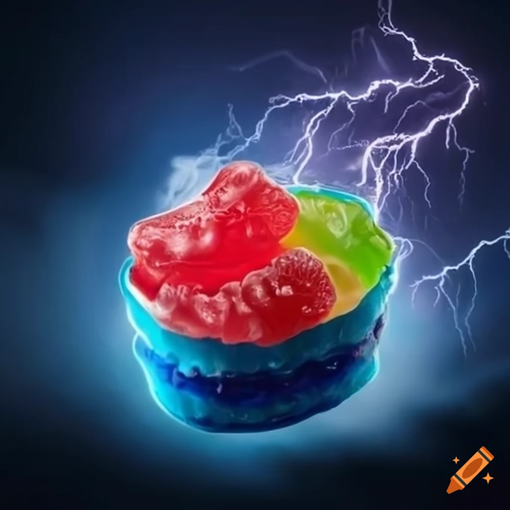Box of gummy candy in a lightning storm on Craiyon