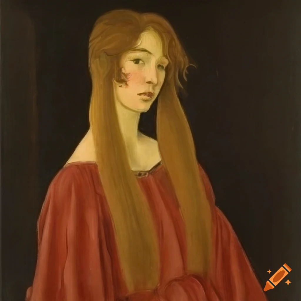 Full body view of pouty pre raphaelite young ladies with long hair in ...