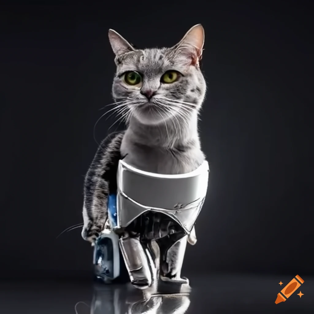 Bionic cat walking with metal objects on its back on Craiyon