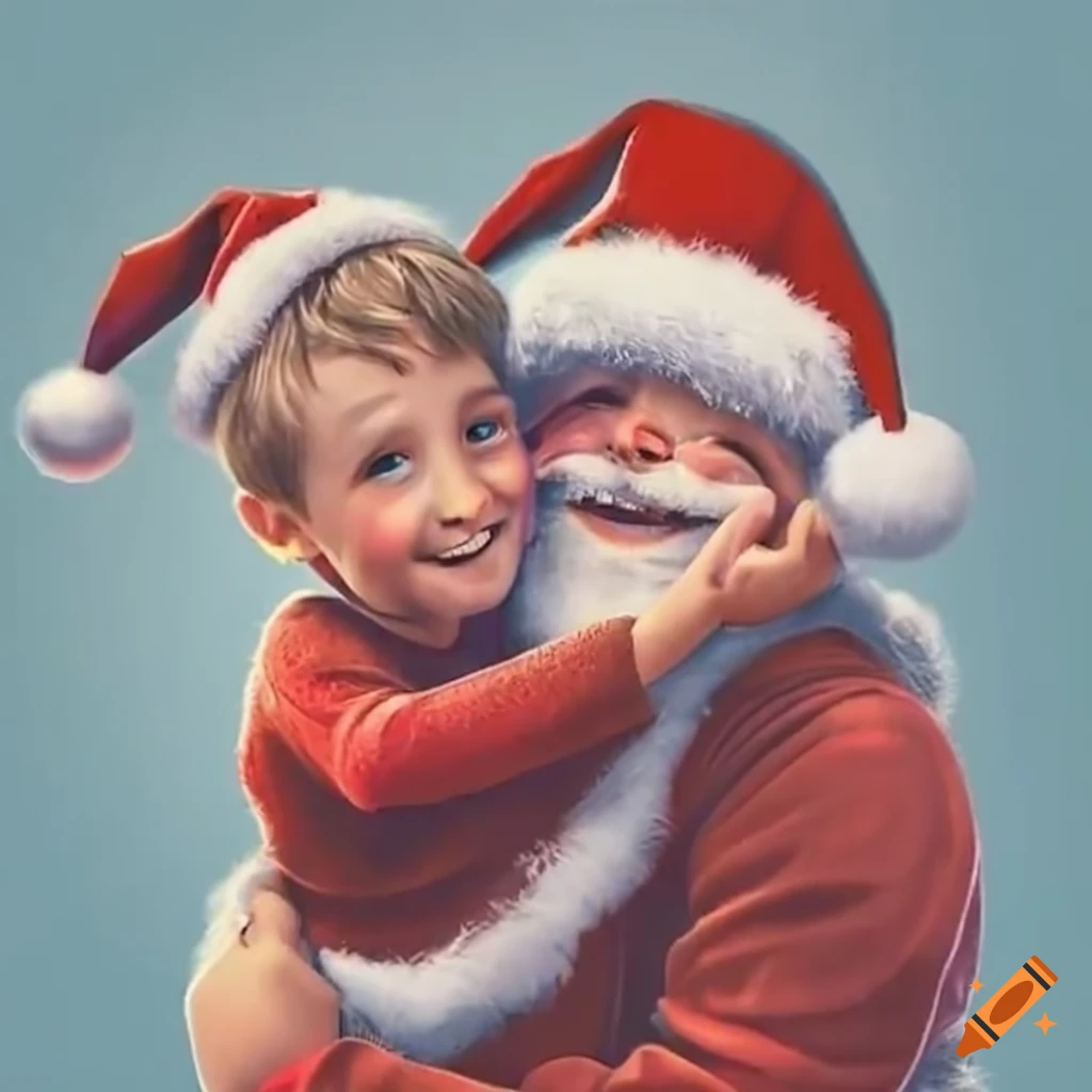 Happy boy hugging santa at the north pole on Craiyon