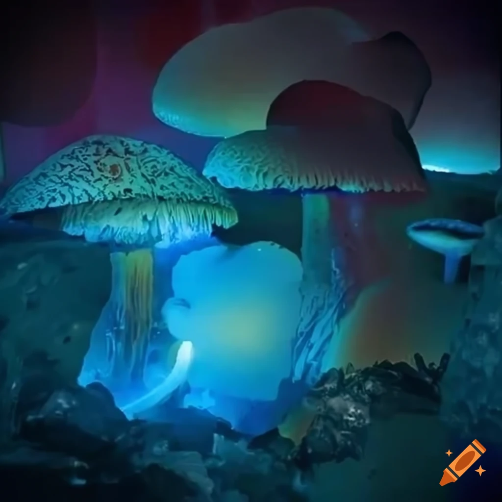 Bioluminescent cavern with crystals and mushrooms on Craiyon