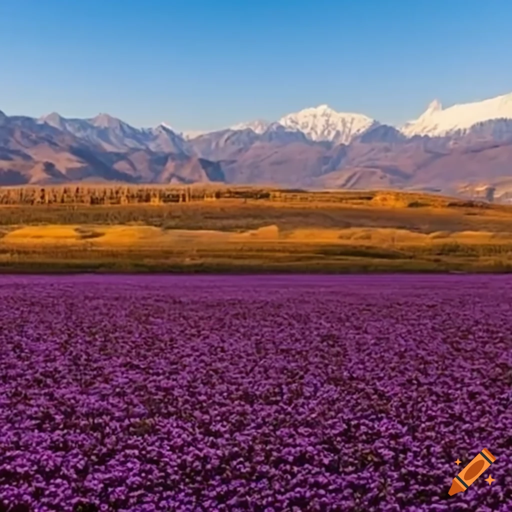 Panoramic view of lush saffron fields in the valleys with towering mountains on Craiyon