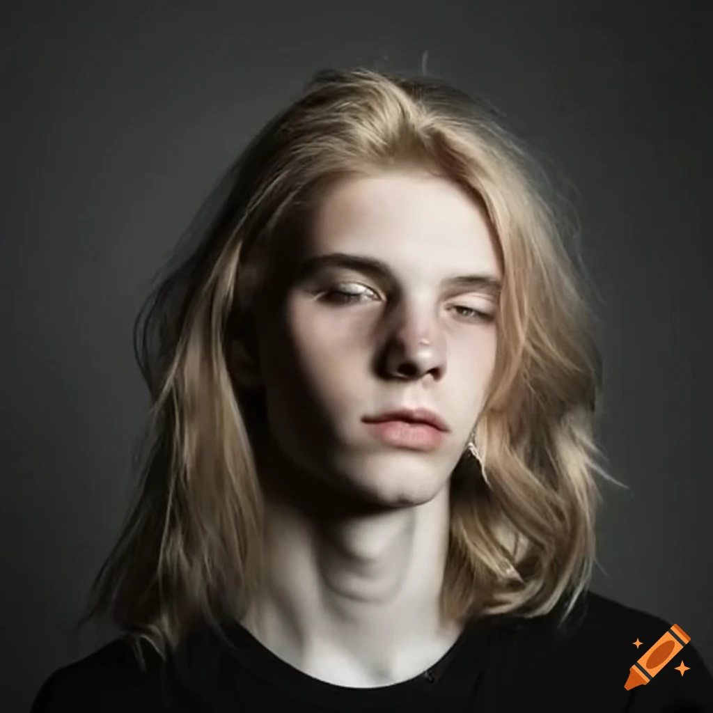 Intense young male student with long blonde hair on Craiyon