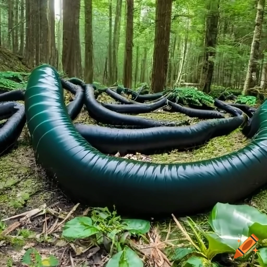 Shiny black rubber worms in a forest on Craiyon