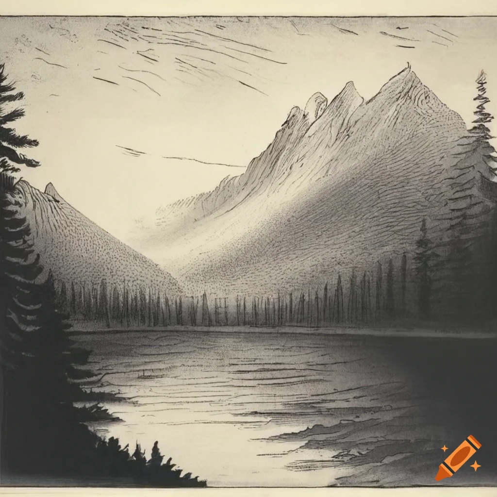 Mountain landscape etching in black and white by kittelsen on Craiyon