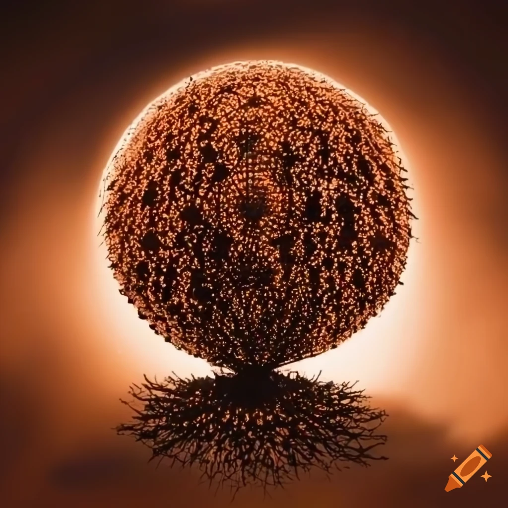 Eye ball tree looking up at the fiery sun in a park with afterglow ...