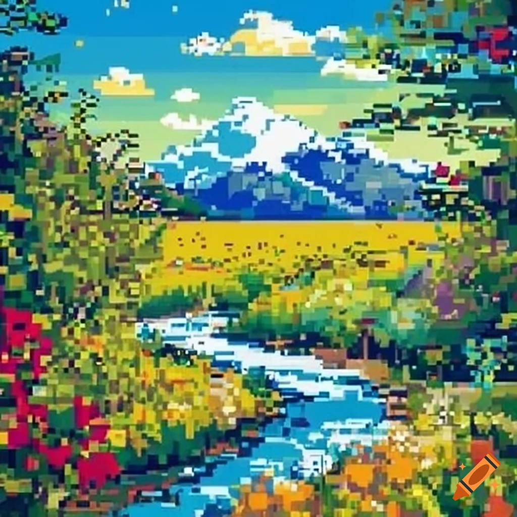 River with crystal clear water flowing through pixel art mountains and ...