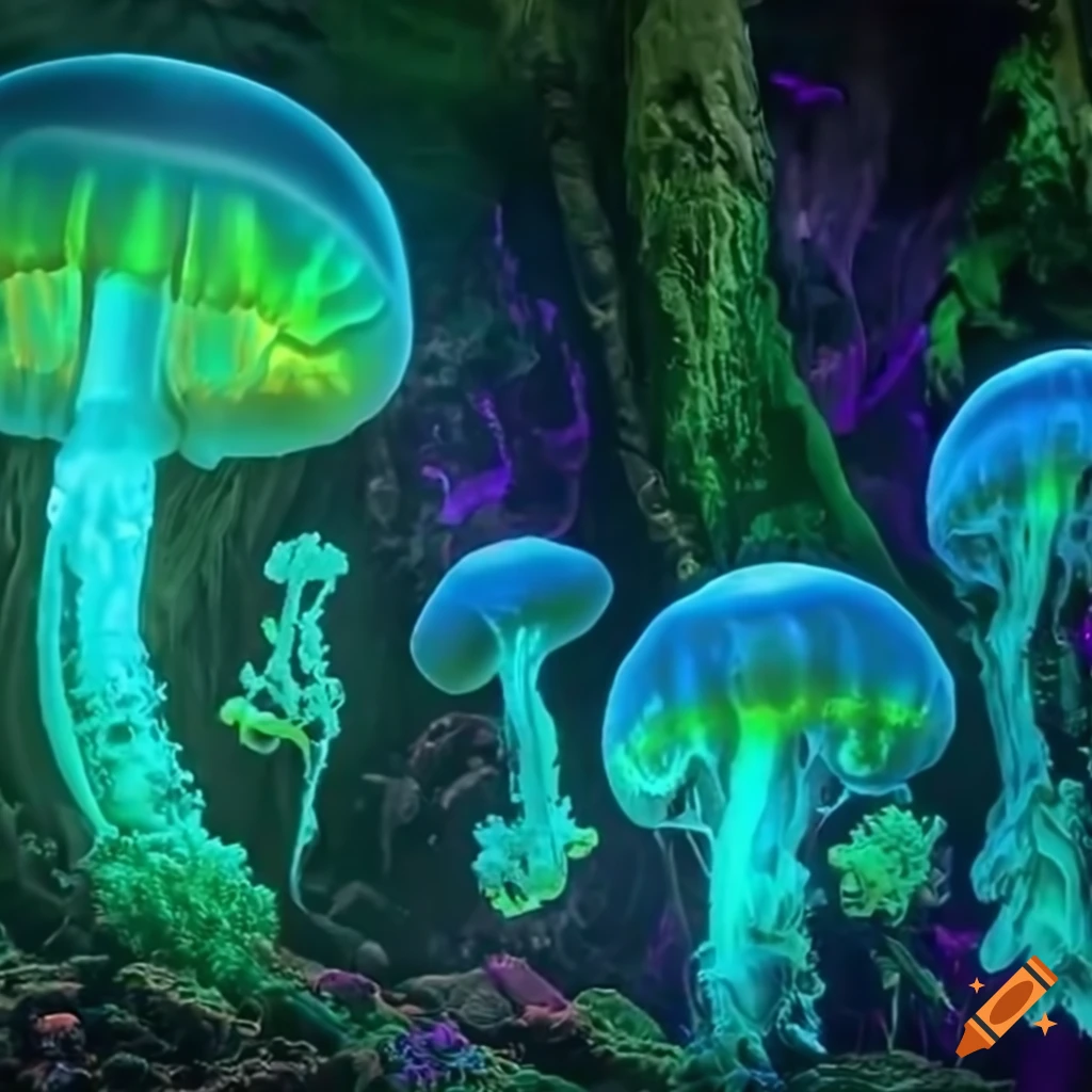 Alien Planet with glowing rivers and mystical statues, symmetrical deep ...