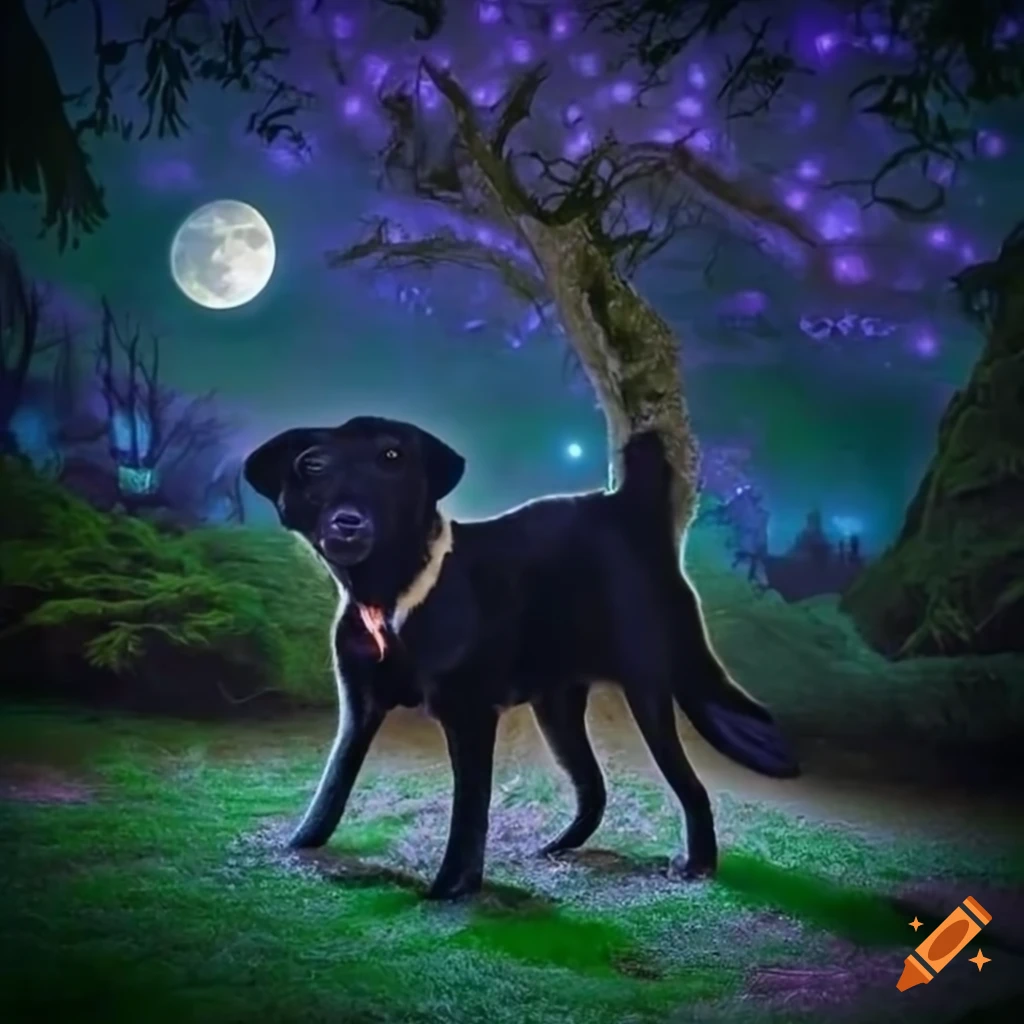 Majestic black labrador retriever in moonlit forest on Craiyon