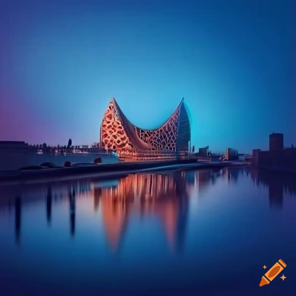 Futuristic culture complex on river embankment with traditional and ...
