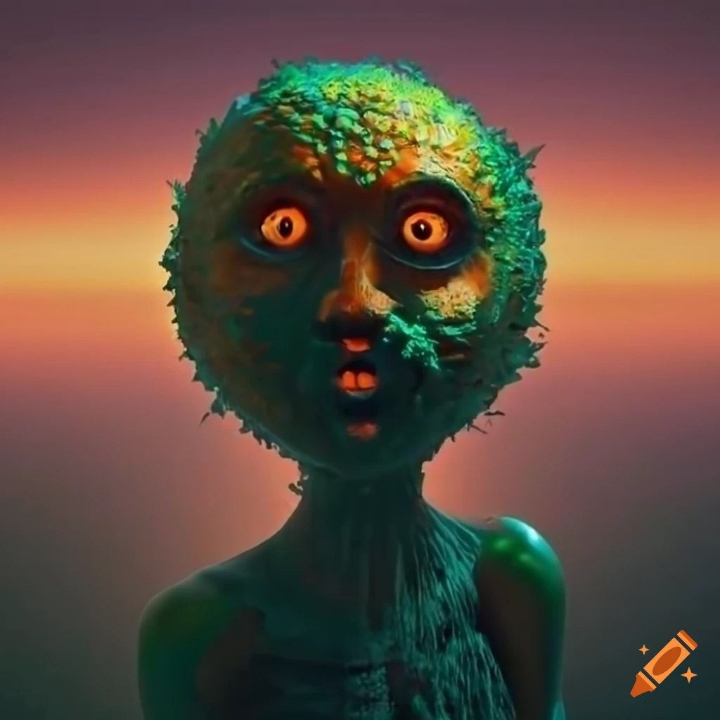 3D image of an orange fruit tree monster with a lemon human face in a ...