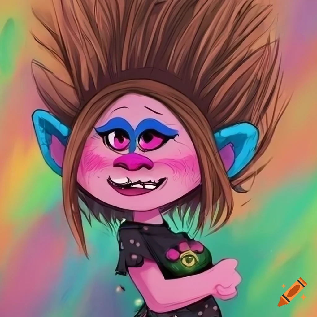 Artistically styled troll with brown hair, hippie goth outfit, and sad eyes on Craiyon