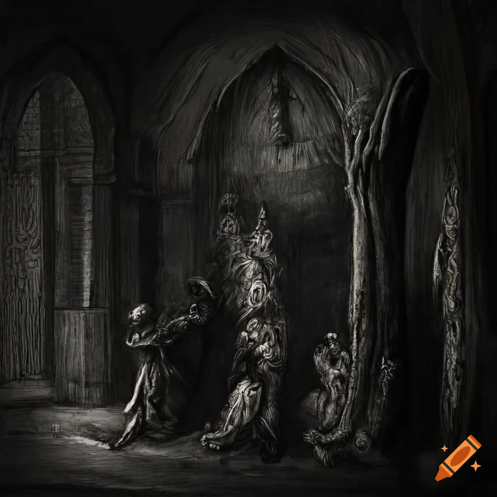 Detailed black and white drawing of a dark scene from the middle ages ...