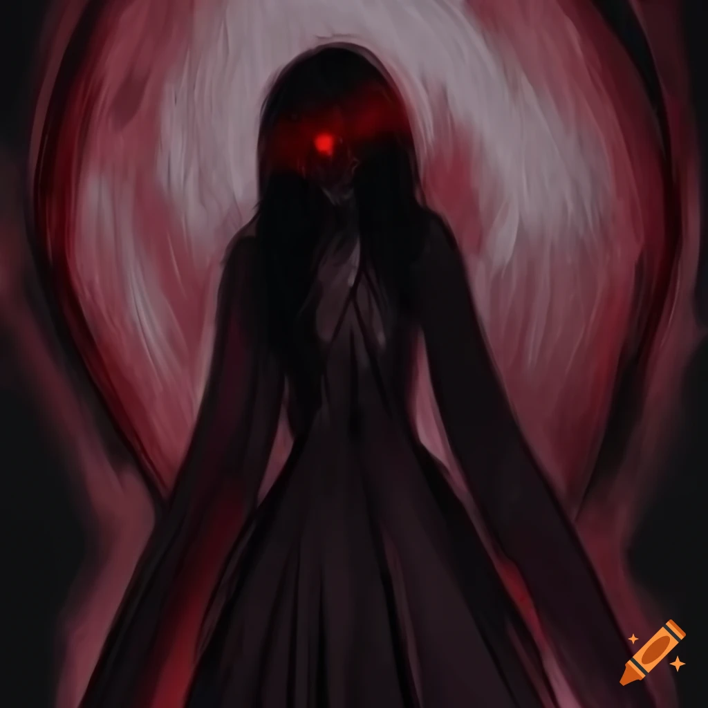 Dark angel with glowing eyes in a cloudy sky on Craiyon