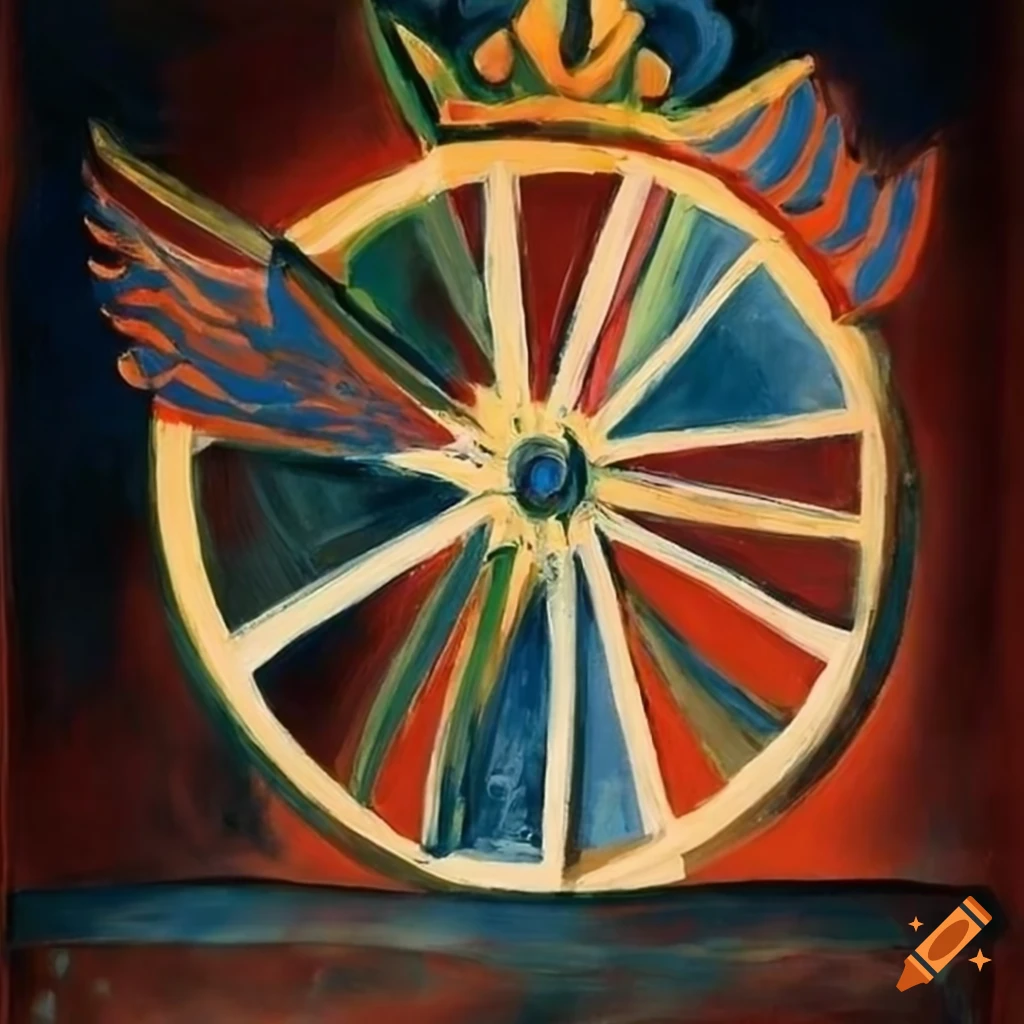 Wheel with angel wings and crown in the style of pablo picasso on Craiyon