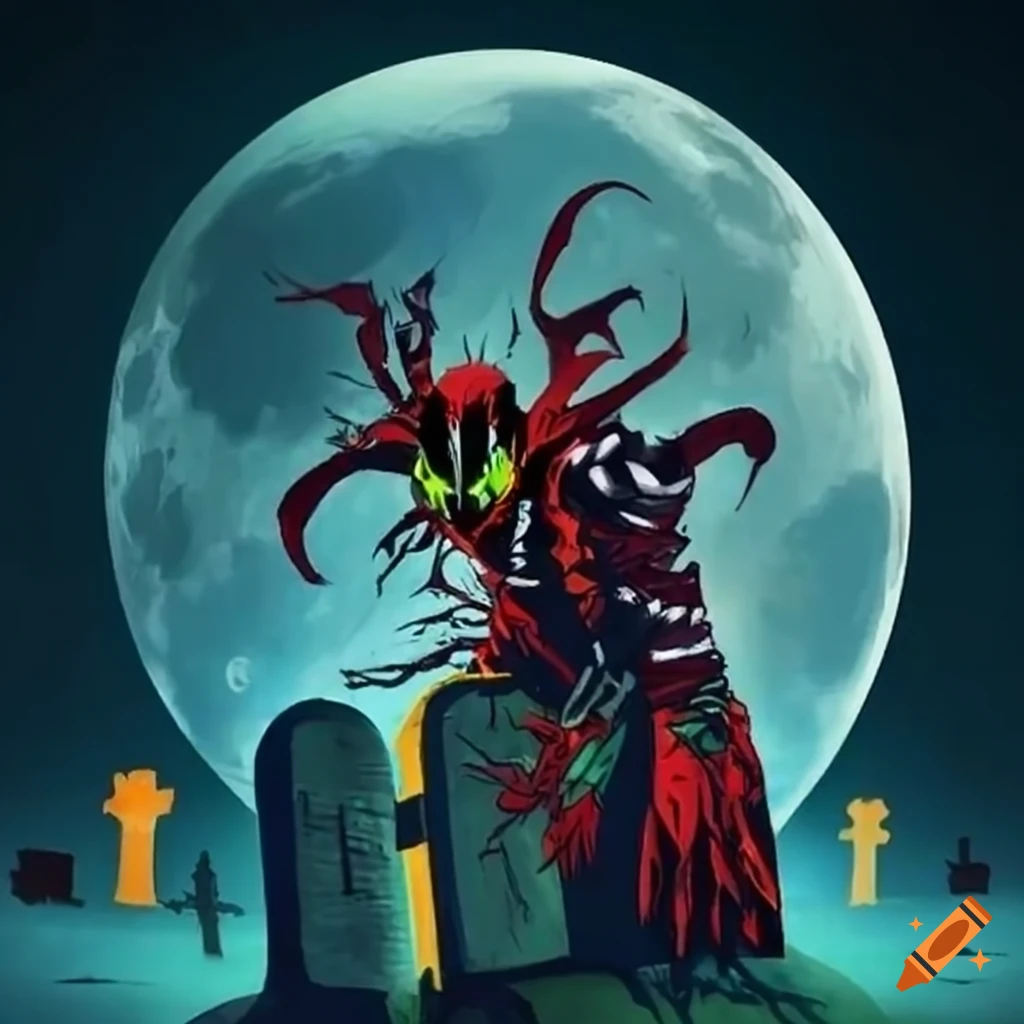 Spawn character lurking in a cemetery under a full moon on Craiyon