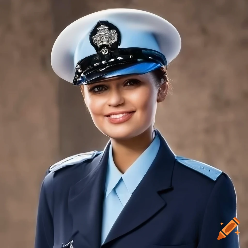 Confident and competent young officer woman in a pale blue officers ...