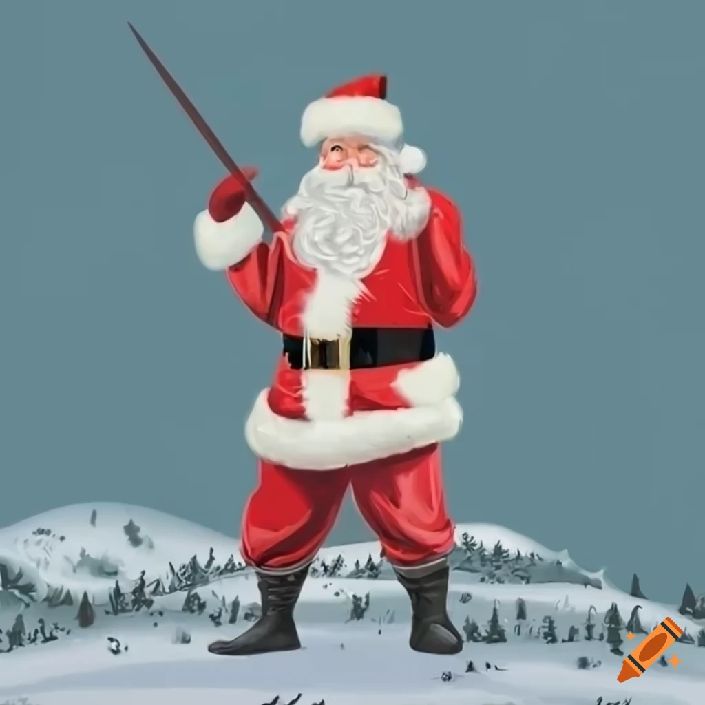 Santa claus with a fencing sword in a snowy hill setting on Craiyon