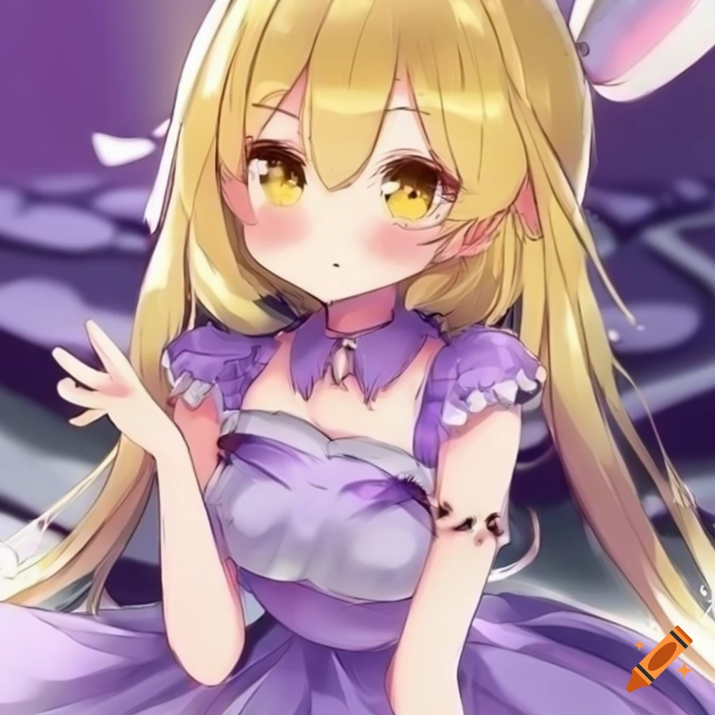 Cute anime chibi girl with yellow eyes, yellow hair, and purple dress ...