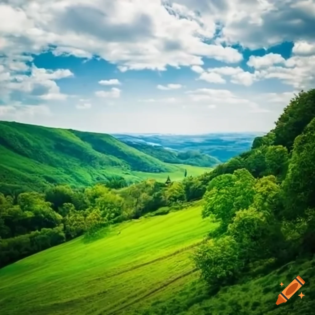 Picturesque hillside surrounded by lush greenery and rolling hills on ...