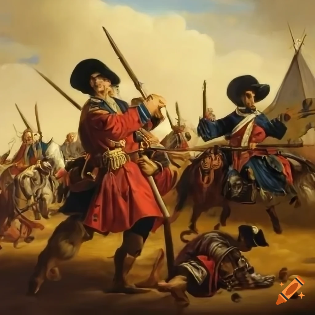 Oil painting of musketeers, riflemen, and cavalry in battle on a field ...