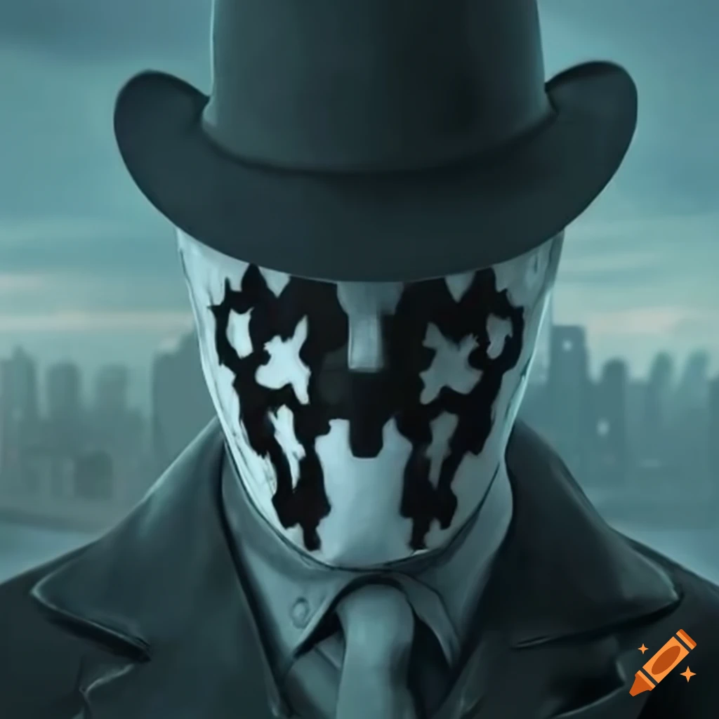Realistic portrait of Watchmen character Rorschach with city skyline on Craiyon