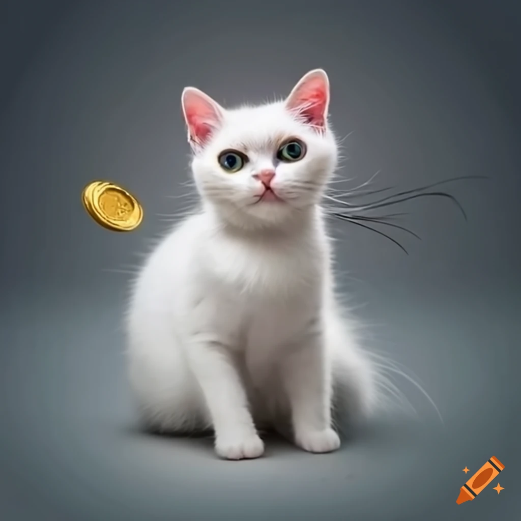 Adorable white cat with long eyelashes and gold coins on Craiyon