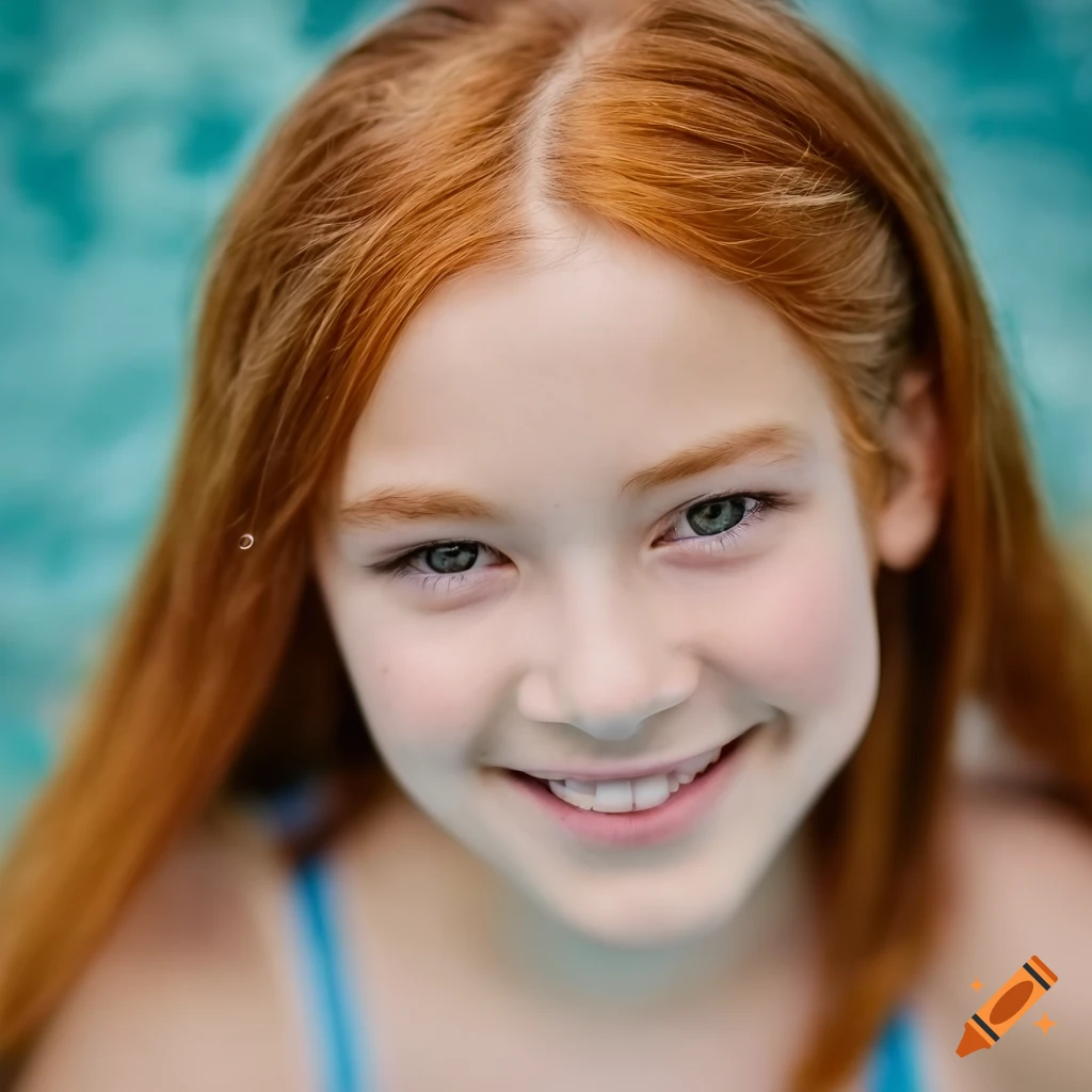 Tween with braided ginger hair posing in the pool on Craiyon