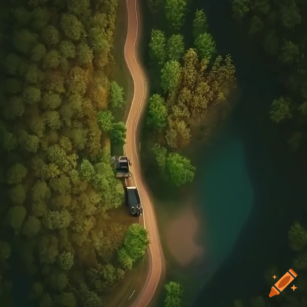 Top-down view of a forest map with road, watchtower, camper van, and ...