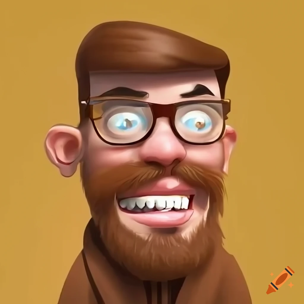 Cartoon style illustration of a handsome young man with brown beard and ...