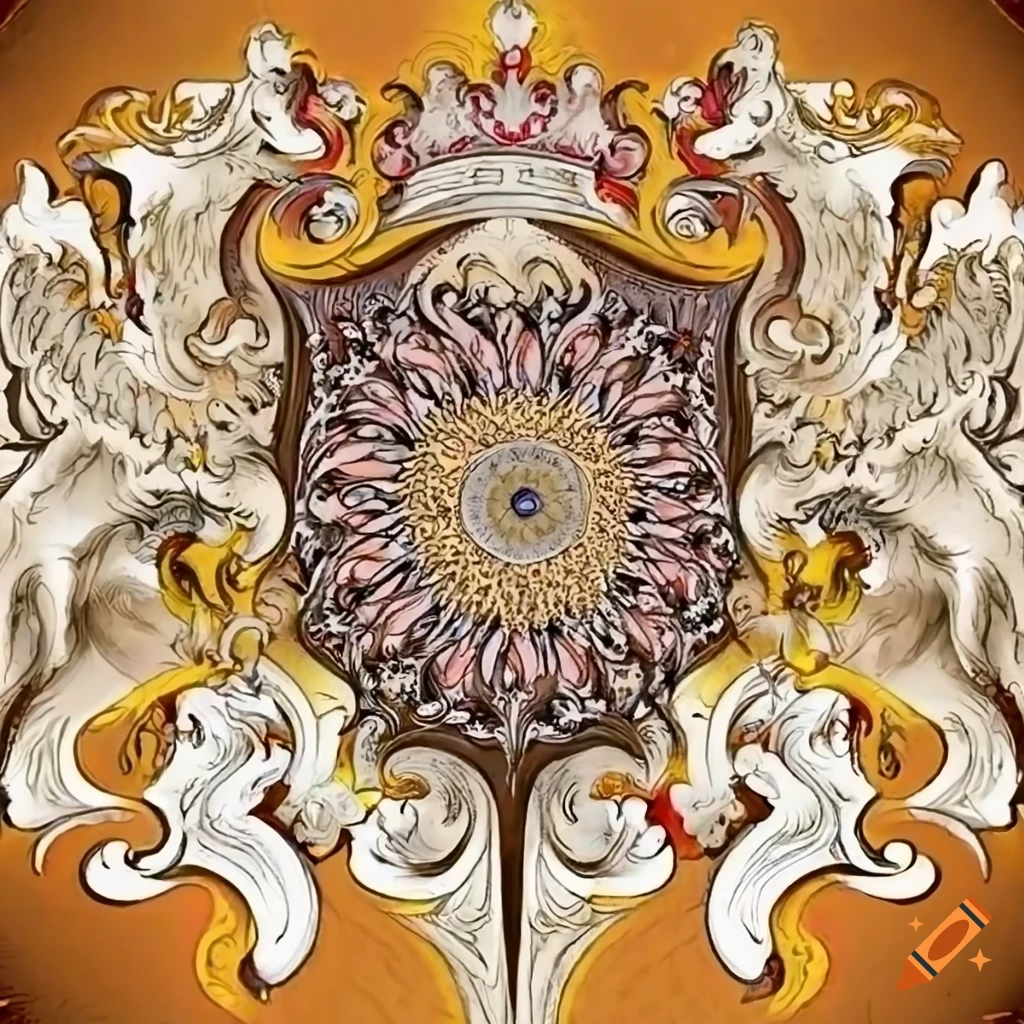 Intricate family crest with half moon, sun, and lily flower designs on ...