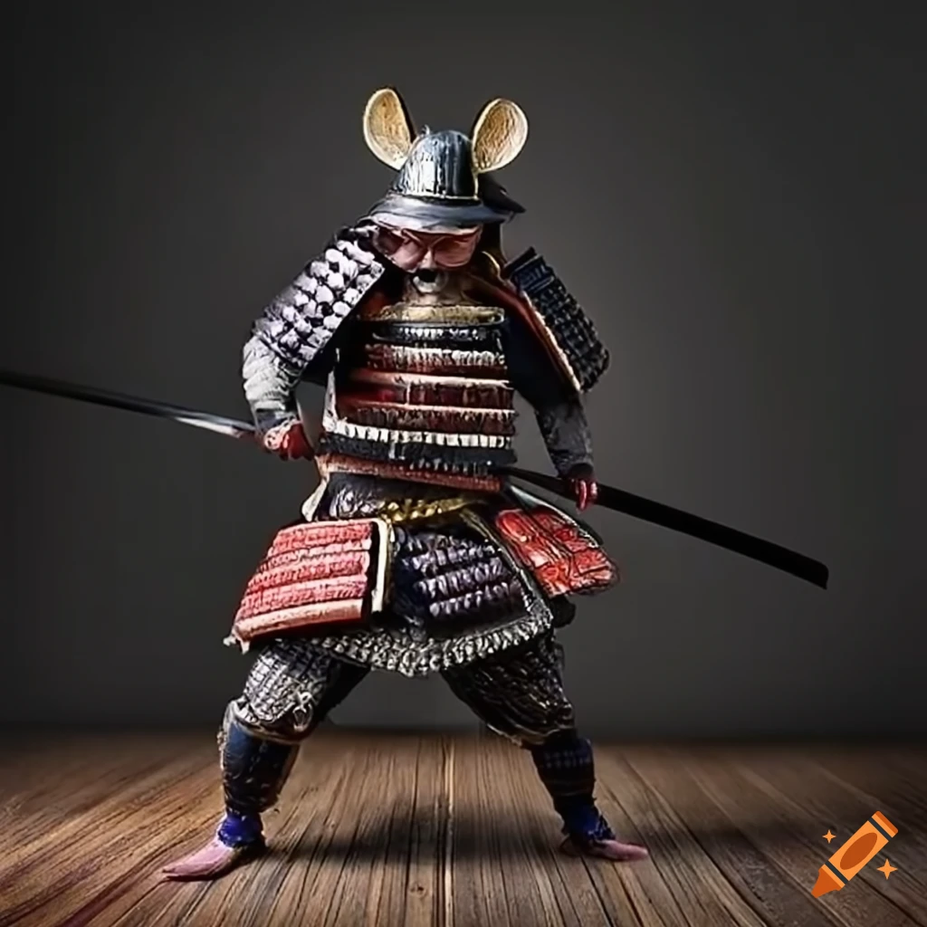 Samurai rat with katana standing over fallen kingdom on Craiyon