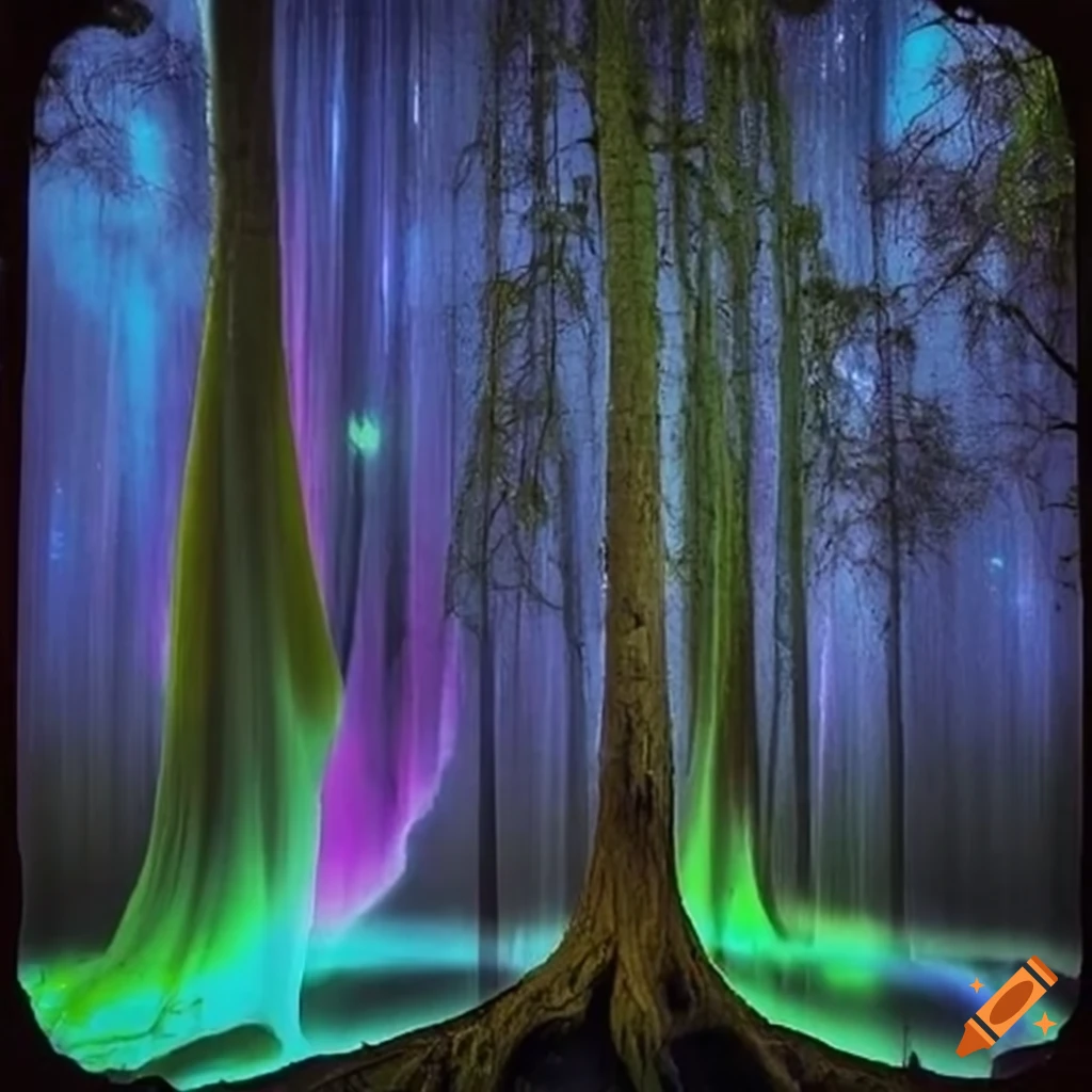 Alien environment with bioluminescent trees and celestial flowers on ...