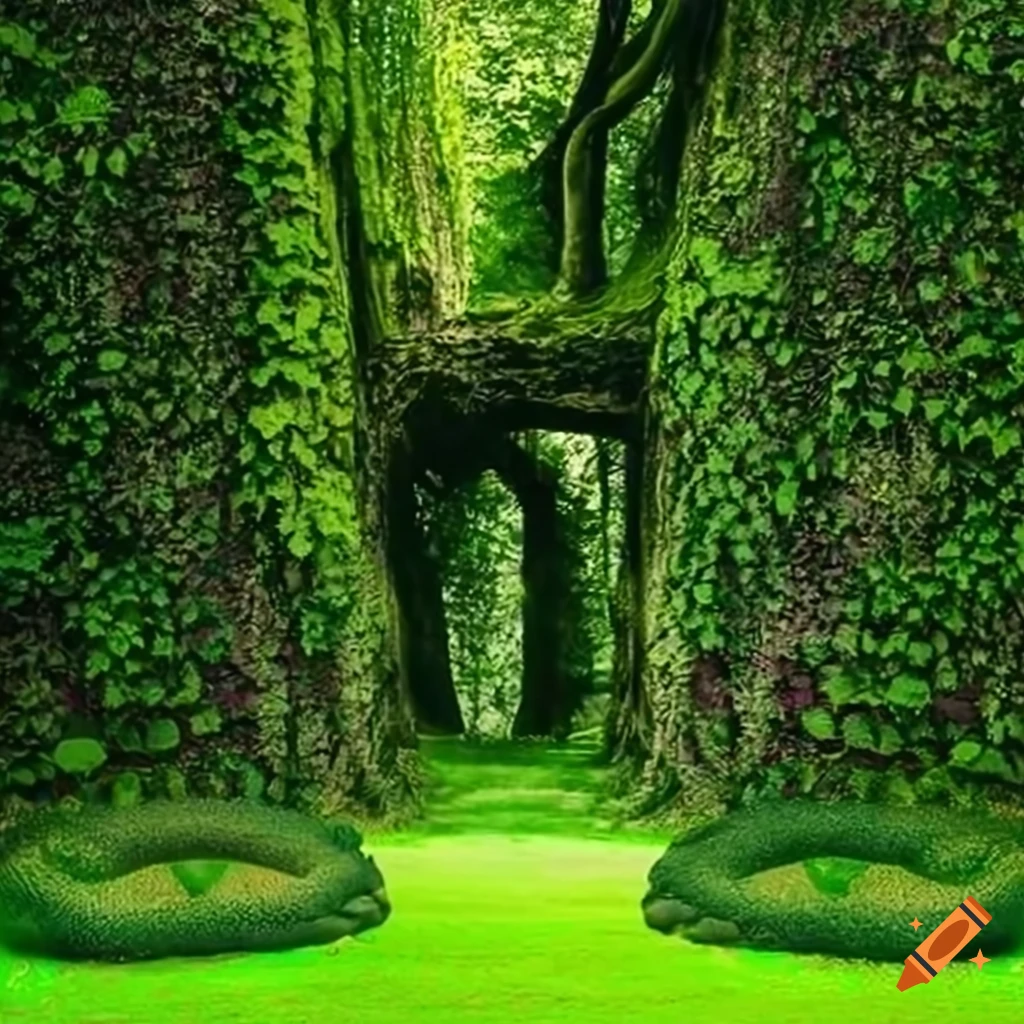 Lush vegetation with vibrant flowers, ivy-covered walls, and ancient ...