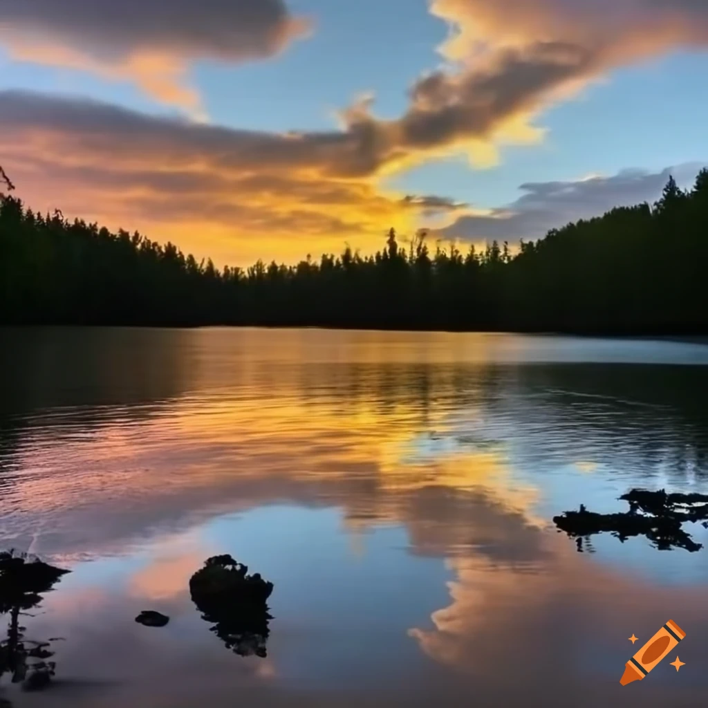 Golden hour in the forest with a saltwater lake fed by a mountain river ...