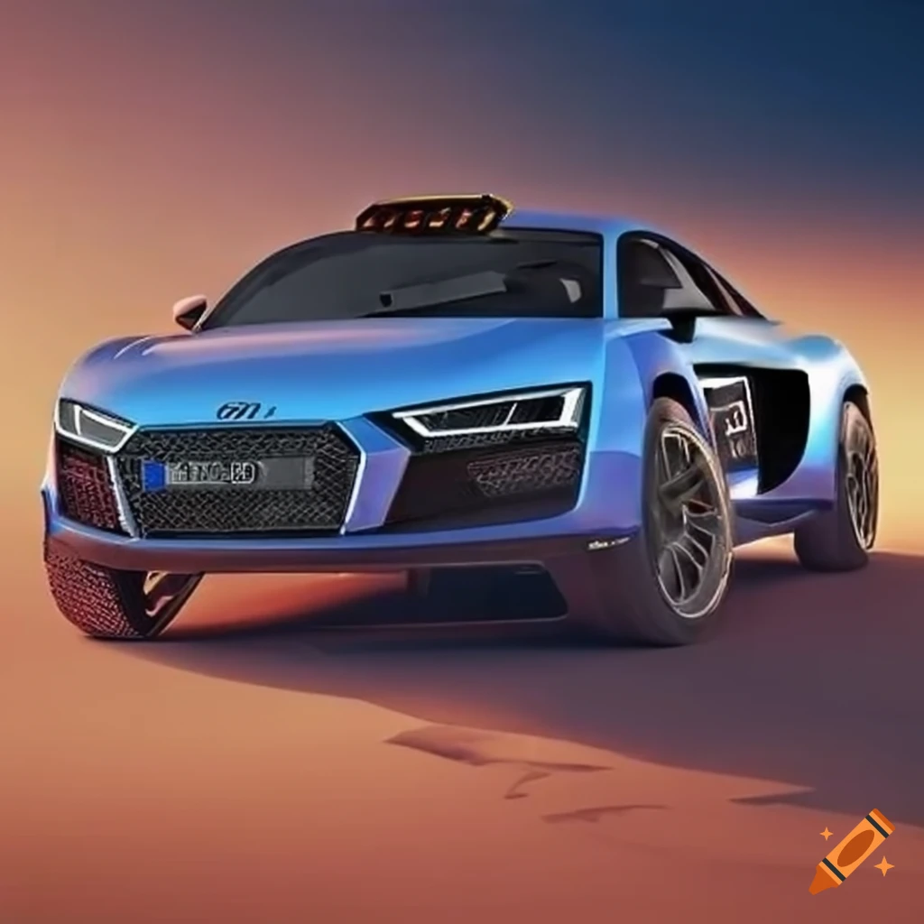 Rally off-road version of a sleek blue Audi R8 with decals on Craiyon