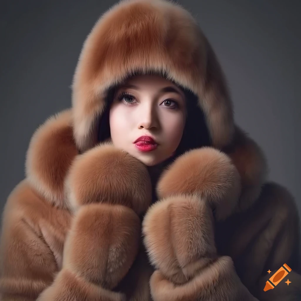Young woman in a fluffy fur coat and mittens on Craiyon