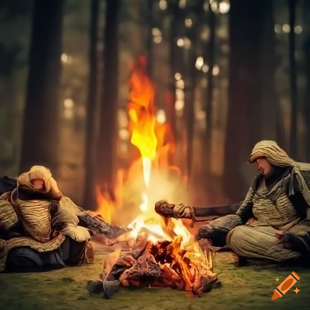 Campfire in an epic medieval rpg fantasy forest landscape on Craiyon
