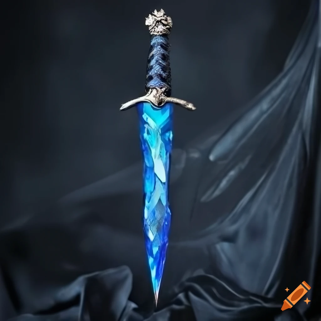 Obsidian dagger with enchanted crystal on black cloth under dim ...