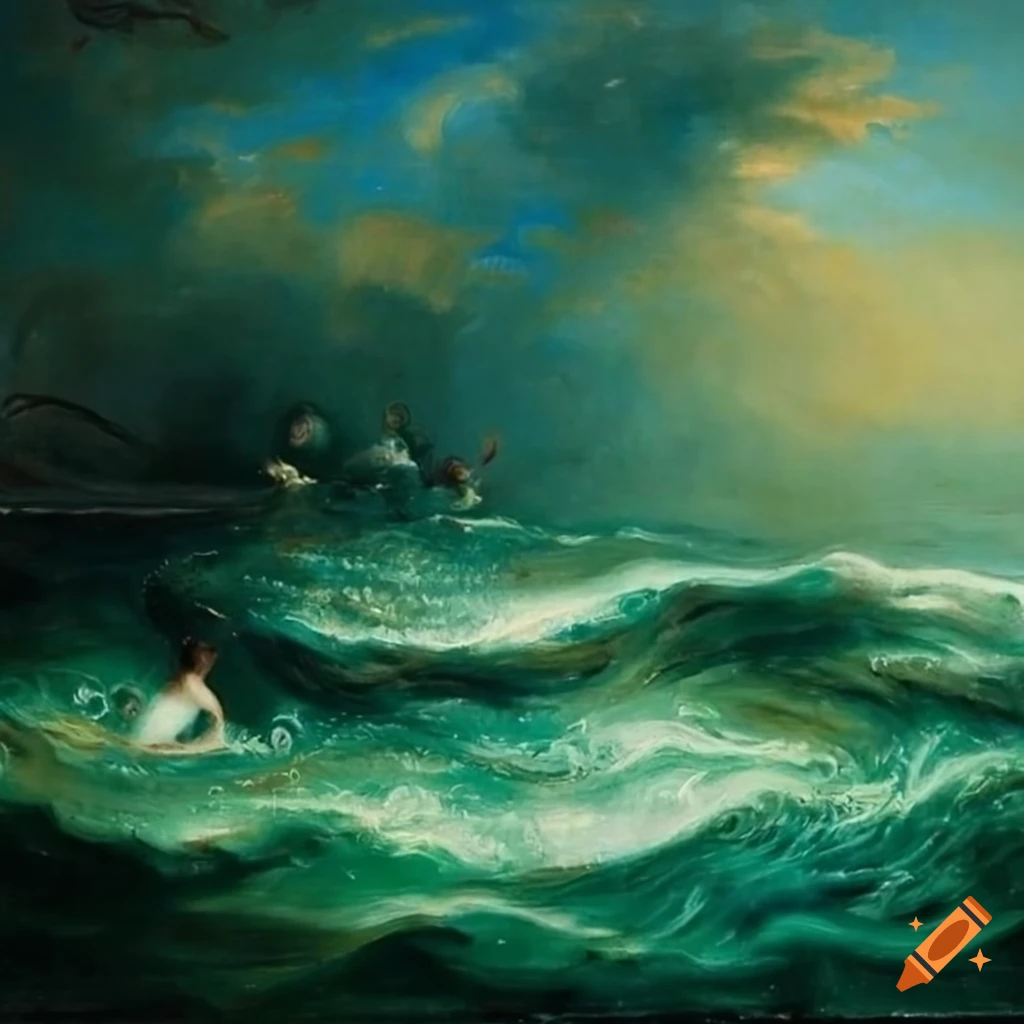 19th century-style oil painting of mermaids dancing on green waves on ...