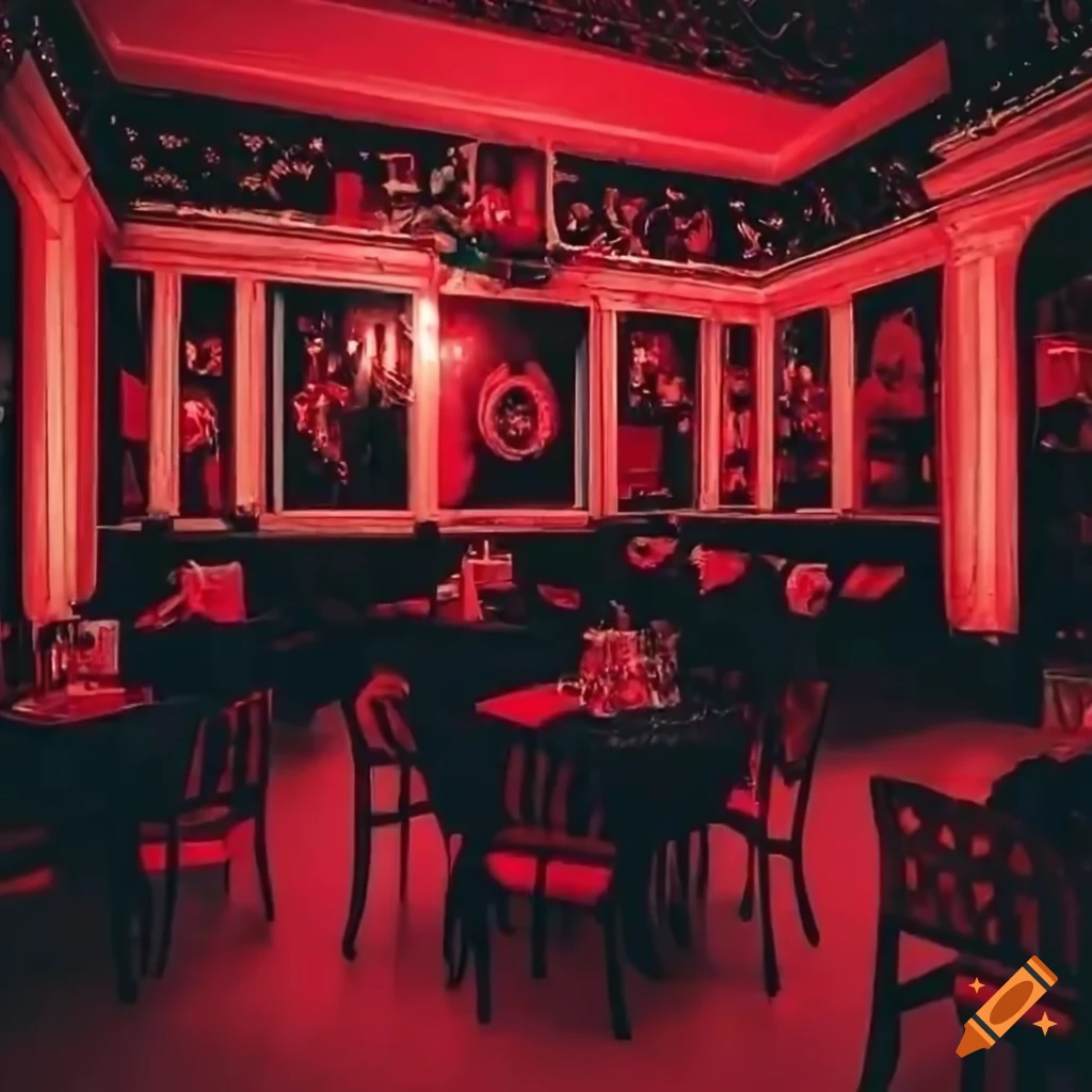 Festive restaurant cabaret atmosphere with bar and stage for dancers in ...