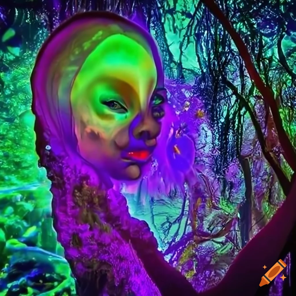 Alien planet with glowing rivers, mystical statues, and purple plants ...