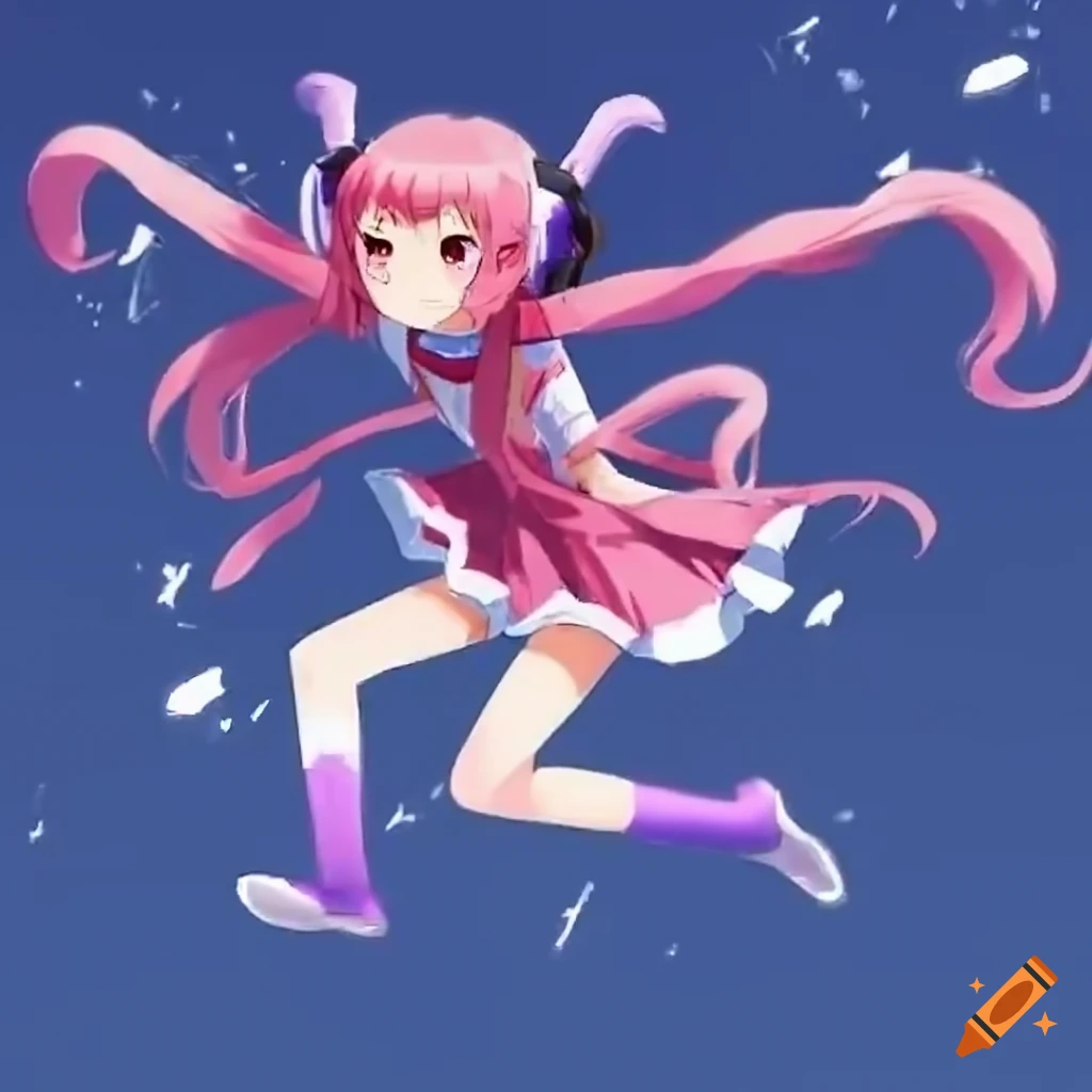 Joyful Natsuki leaping on a trampoline with pink hair and pink eyes on ...