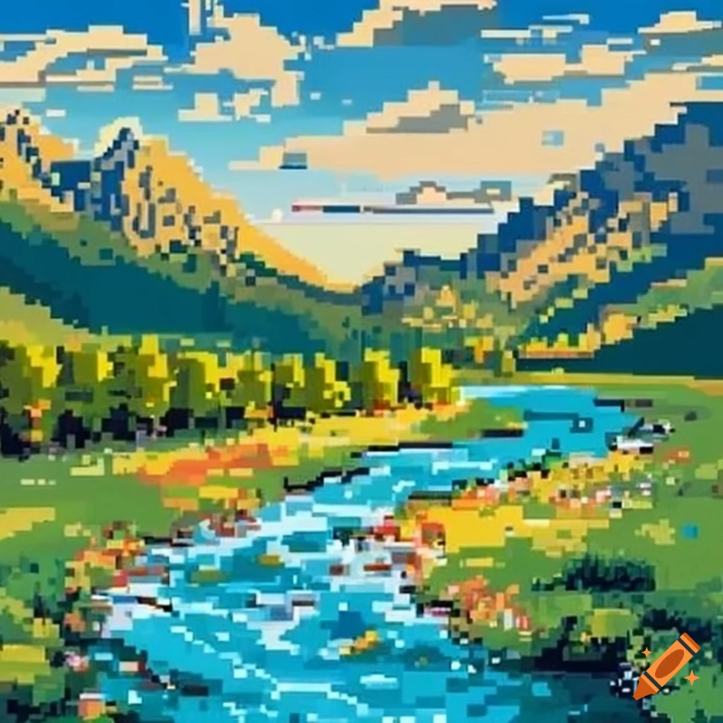 River with crystal clear water flowing through pixel art mountains and ...