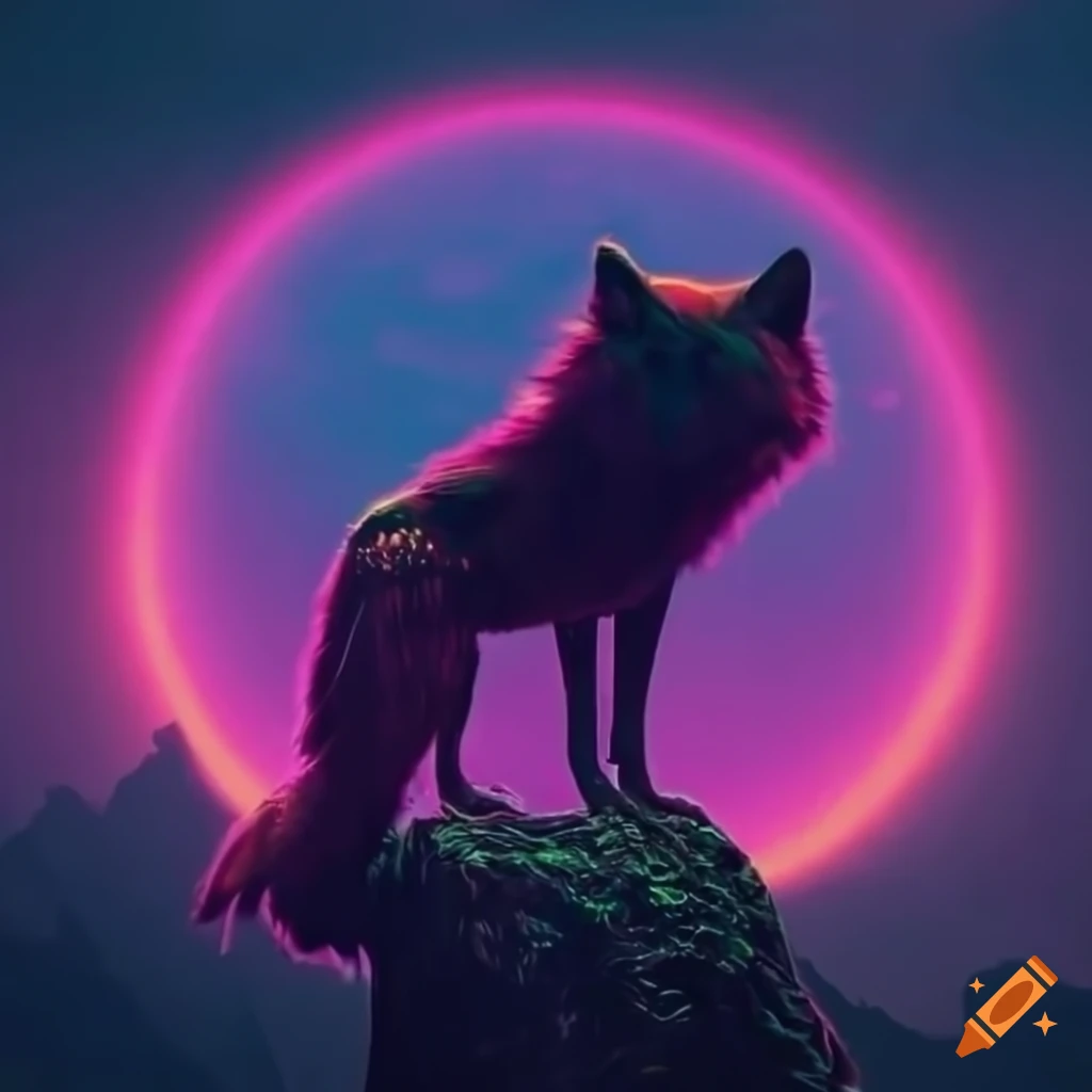 Synthwave wolf in lush natural surroundings on Craiyon